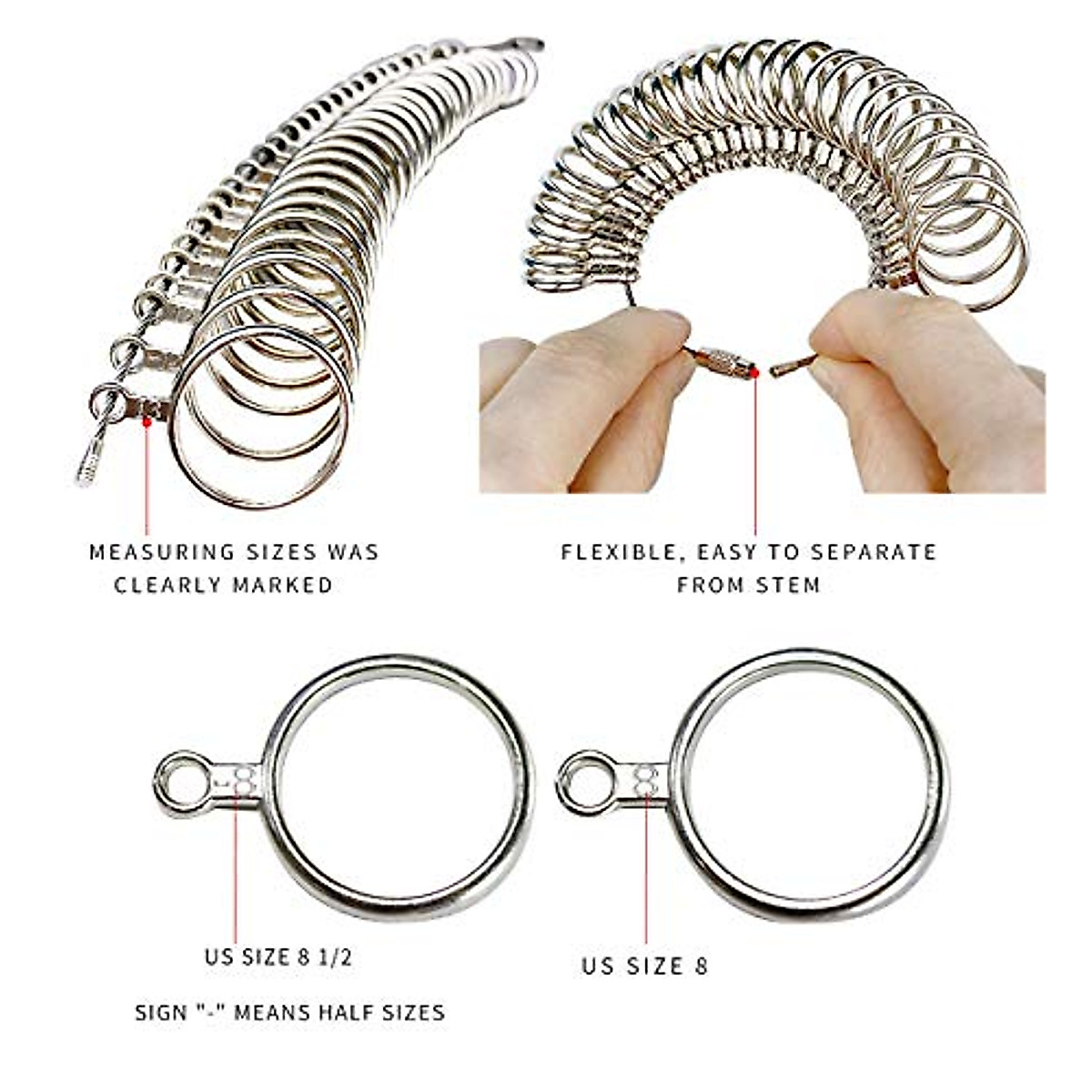 PHYHOO Ring Sizer Measuring Tool Set Metal Finger Sizing Gauge Rings Measurement Women Men Wedding Jewelry Tool US Size 0-13 with Half Size