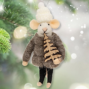 White Mouse Ornament - Wool Mouse in Puffer Jacket Holding a Tree Christmas Ornament