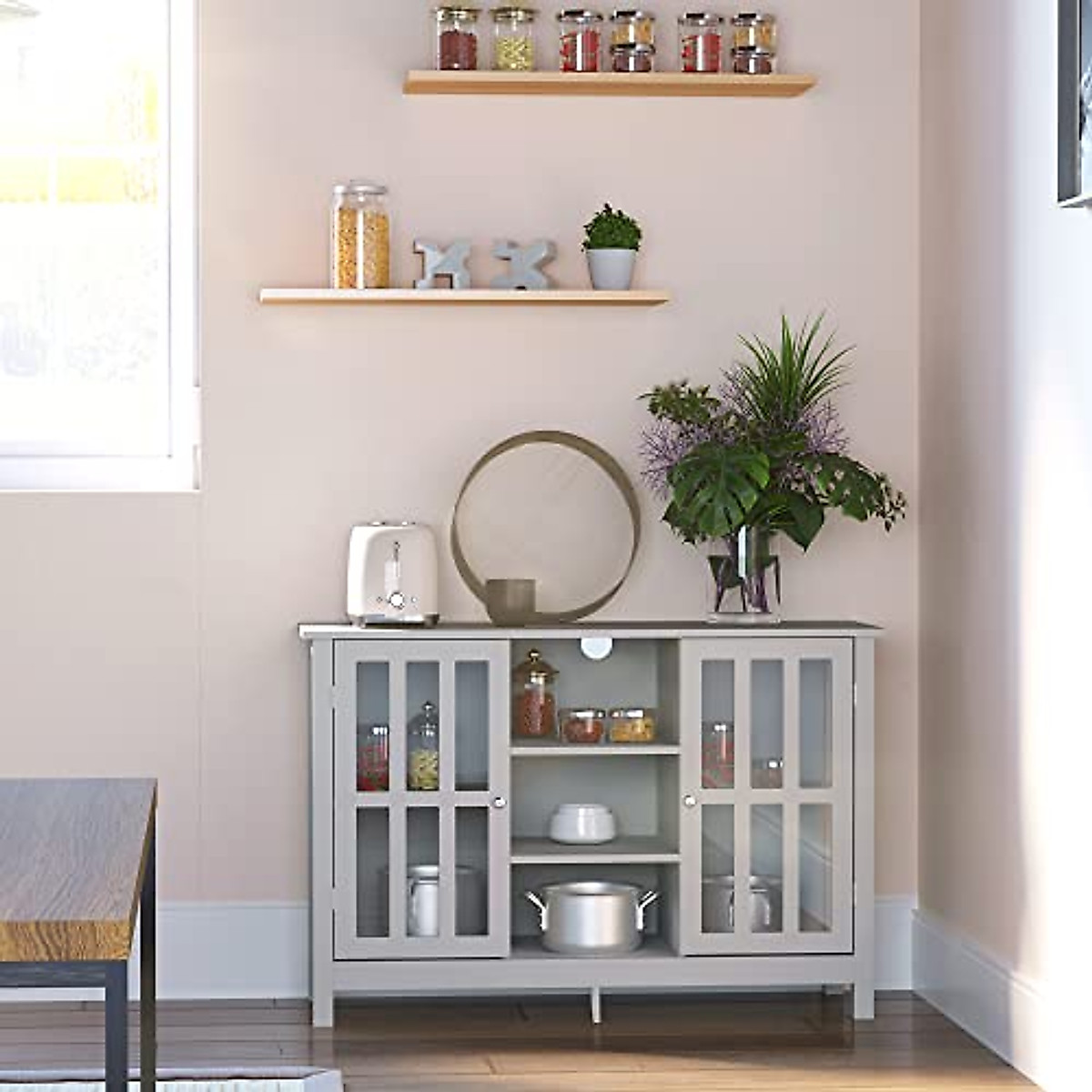 HOMCOM Sideboard, Buffet Cabinet, Coffee Bar Cabinet, Kitchen Cabinet with Storage Shelves, Slatted Framed Doors and Cable Management for Living Room, Gray