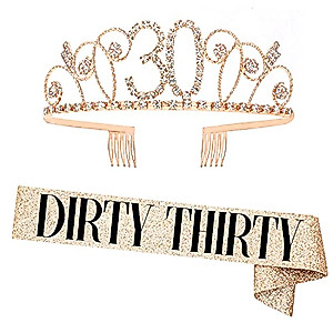 "Dirty Thirty" Sash and Rhinestone Crown Set - 30th Birthday Party Gifts Birthday Sash for Women Birthday Party Supplies