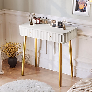 AZODY Vanity Desk with 2 Drawers,32'' Water Ripple Makeup Vanity Desk, Modern Home Office Computer Desk,Makeup Dressing Console Table with Golden Legs for Small Spaces