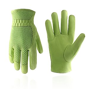HANDLANDY Leather Gardening Gloves for Women, 3D Mesh Comfort Fit- Improves Dexterity and Breathability, Pigskin Scratch Resistance Garden Yard Working Gloves (Medium, Green)
