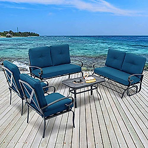 Patiomore 5 Pcs (6 Seats) Outdoor Patio Furniture Conversation Sets, Glider, Loveseat and Coffee Table, 2 Lounge Chairs with Cushions (Peacock Blue)