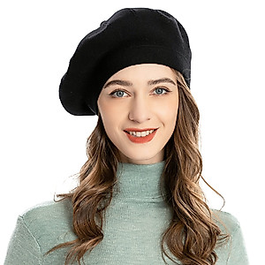 ZLYC French Beret hat, Reversible Solid Color Cashmere Knit Warm Beret Cap for Womens Girls (Black)