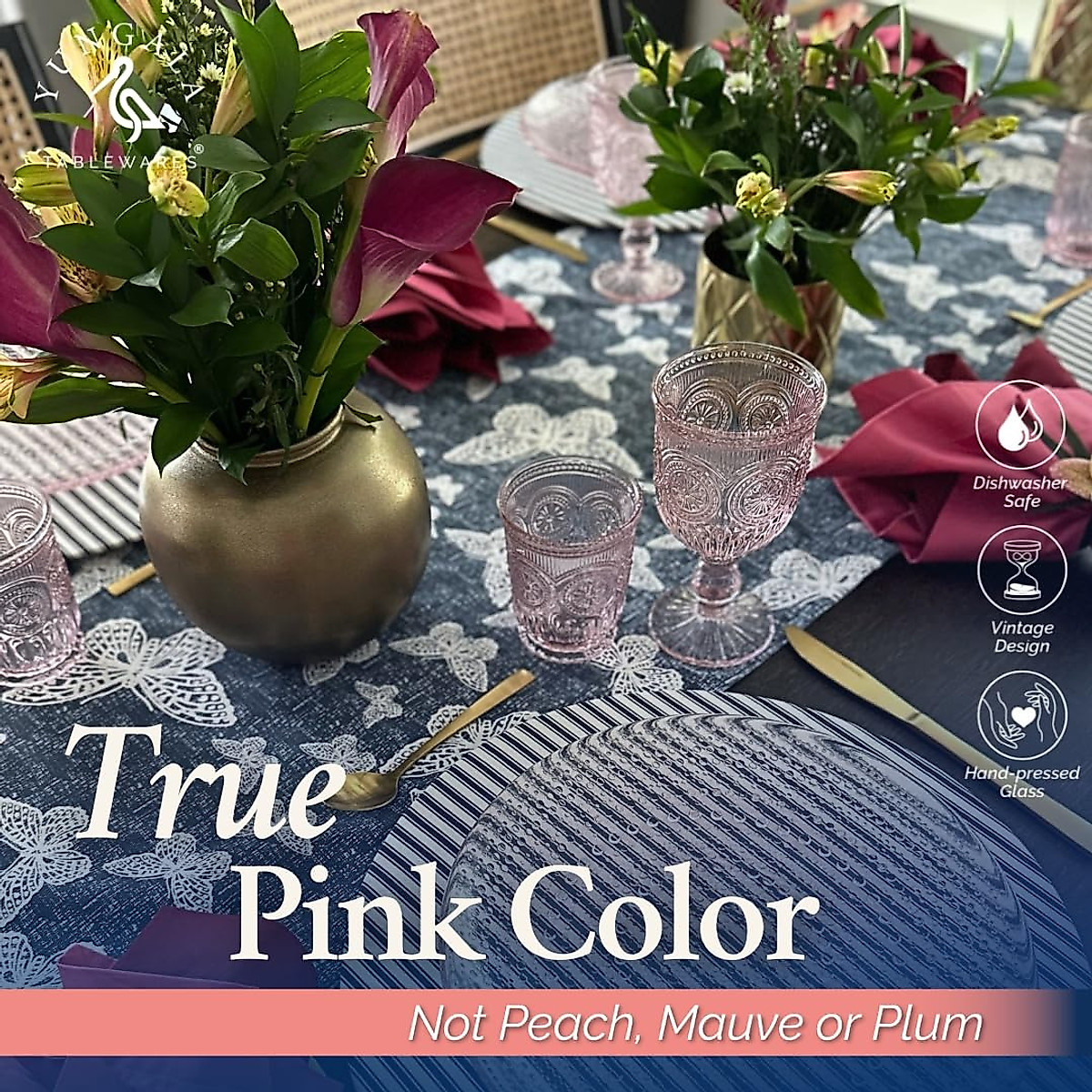 Pink Glassware Bundle- 6 x Pink Goblets and 6 x Pink Water Glasses - Vintage Glassware Collection for Parties