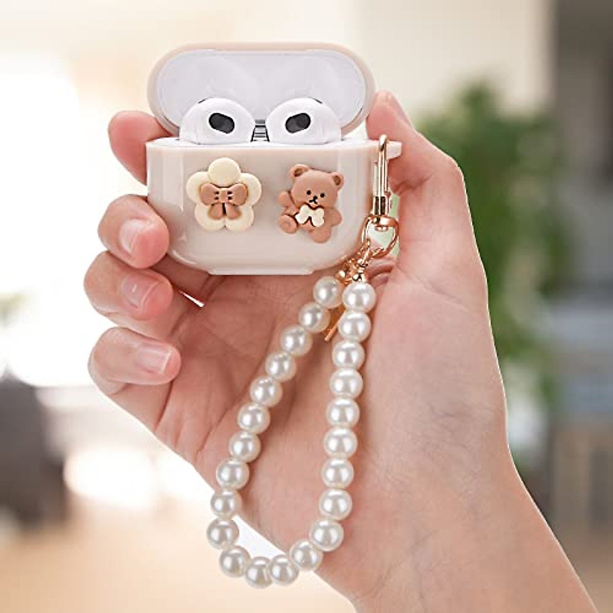 Mainrenka Cute Kawaii AirPod 3rd Generation Case for Women Girl, Aesthetic AirPods 3 (2021) Case with Pearl Keychain