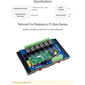 Waveshare Industrial 6-CH Relay Module for Raspberry Pi Zero, RS485/CAN Half-Duplex Communication, Auto RX/TX Switch, MCP2515 + SN65HVD230 Solution, SPI Control