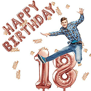 MOVINPE 18th Rose Gold Birthday Party Decoration, Happy Birthday Banner, Jumbo Number 18 Foil Balloon, 2 Rose Gold Fringe Curtain, Latex Confetti Balloon, Table Confetti for Girl Women Anniversary