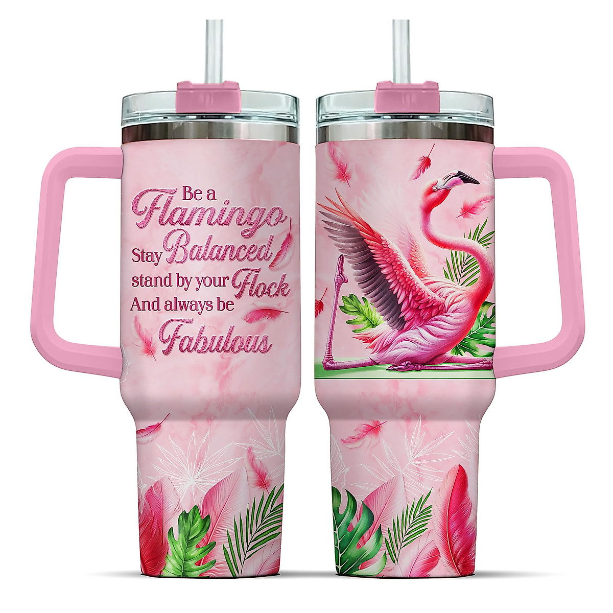 Tumbler 40 Oz With Handle Lid And Straw, Flamingo Tropical, Adults Tumblers Modern Red Quartz Simple Stainless Camelia Primrose Rose Women Funny Glitter Steel, Flamingo Gifts