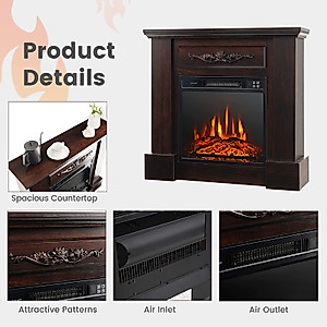 COSTWAY 32-inch Electric Fireplace with Mantel, 1400W Fireplace Heater with Remote Control, 3-Level Realistic Flame, 6H Timer, Overheat Protection, Wooden Surround Fireplace for Living Room, Brown