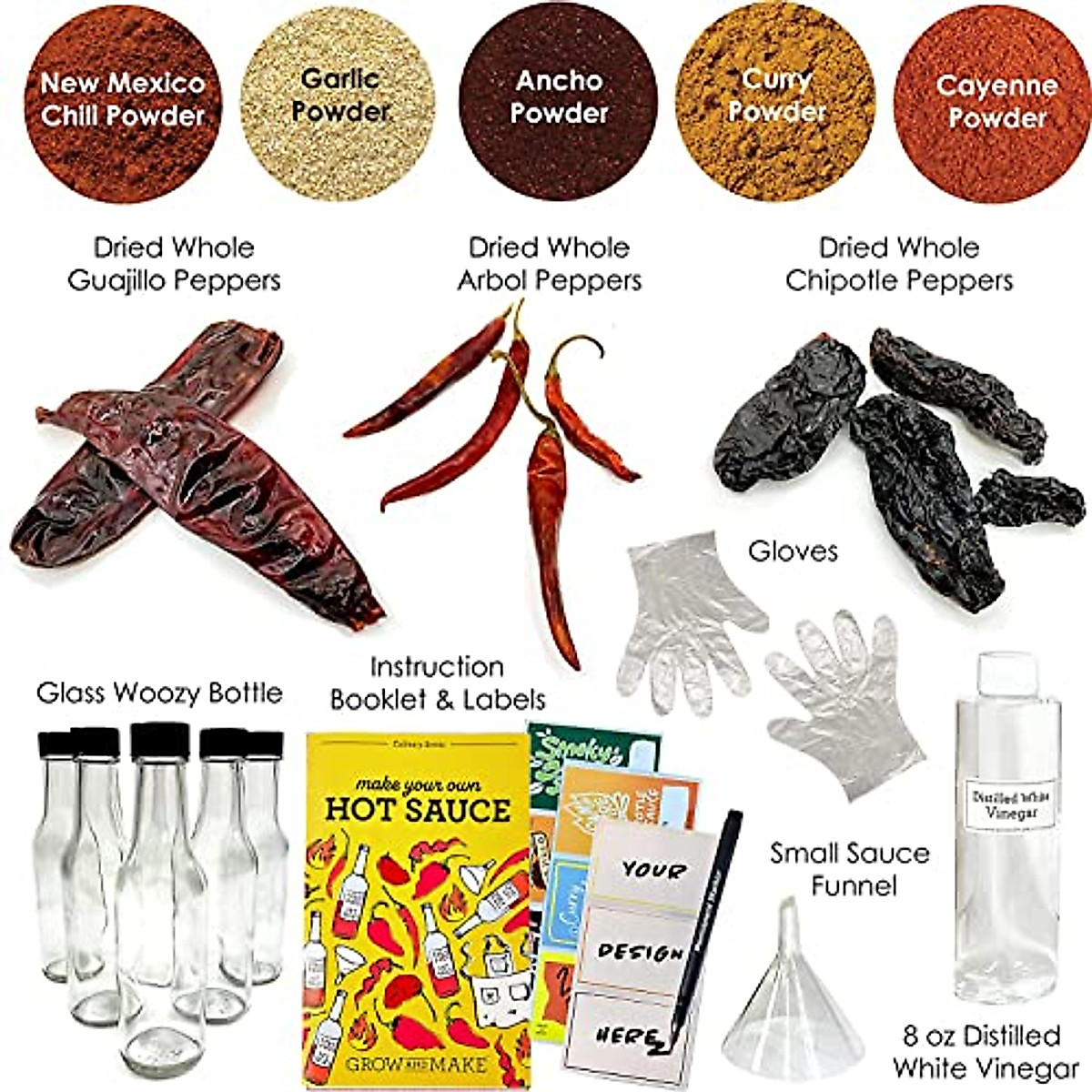 DELUXE DIY HOT SAUCE MAKING KIT Everything Included - Best Gift for Him, Husband, Friend, & Loved One - Make Your Own Gourmet Hot Sauce - Quality Dried Hot & Spicy Peppers, 6 Unique Recipes & stickers