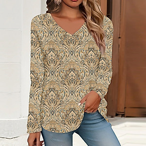 LTTVQM Blouses for Women Fashion 2023 Winter Trendy Long Sleeve Fashion Shirts Tops V Neck Tie Dye Long Sleeve T Shirts for Women Western Casual Shirt Tunic Or Tops to Wear with Leggings Khaki 2X