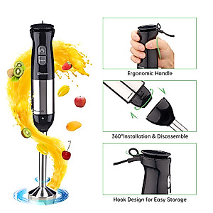 Immersion Hand Blender, 5 in 1 Multi-Purpose Hand Blender, 12 Speed+Turbo Stick Blender with 500ml Chopper, 700ml Beaker, Egg Whisk, Milk Frother, Black