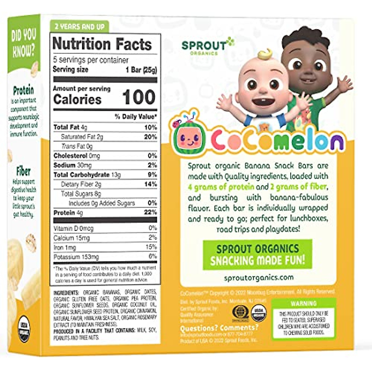 CoComelon Sprout Organic Baby Food, Toddler Snacks, Banana Snack Bar 5 Count (Pack of 6)