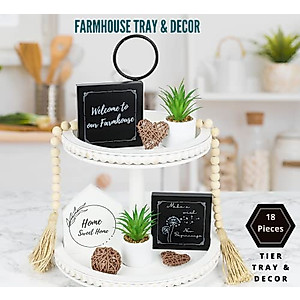 Mahinoko 18 PCs Farmhouse Tiered Tray Stand with Tier Tray Decor - Incl 2 Artificial Succulent Plants - Housewarming Gift New Home Sweet Home - Kitchen Decor Tier Tray Decor Set