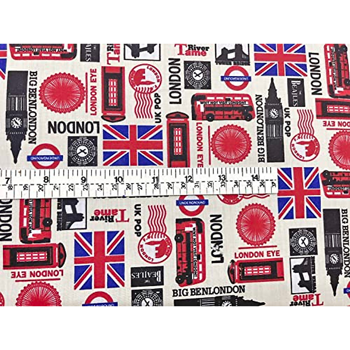 AMORNPHAN 45 Inch London British Big Ben Bus Great England United Kingdom UK England Flag Country Printed Cotton Fabric for Patchwork Needlework DIY Handmade Sewing Crafting Home Decoration For 1 Yard