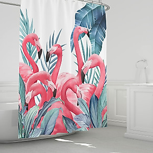 CHULEAG Flamingo Monstera Jungle Shower Curtains - Tropical Plant Design, Bring The Jungle into Your Bathroom, Waterproof Fabric, 72 x 72 Inches, with 12 Hooks