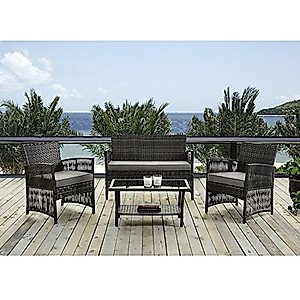 IDS Home 4 Piece Brown Pattio Furniture Wicker Conversation Set, Loveseat & 2 Cushion Chairs, Glass Coffee Table for Garden Lawn Poolside Backyard