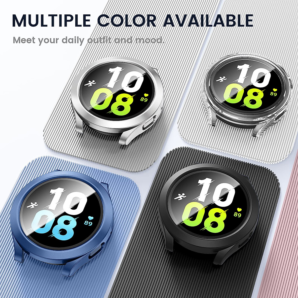 Tensea [4Pack] for Samsung Galaxy Watch 5 2022/4 2021 Screen Protector and Case 44mm, Anti-Fog Tempered Glass Protective Film/Hard PC Bumper, Face Cover Set