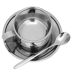 Pilipane Stainless Steel Coffee Cup Set,8 Oz Coffee Mugs with Spoon and Saucer, Stainless Steel Coffee Cups Set Espresso Cups, Double Walled Coffee Mugs Drinkware for Latte, Cappuccino, Milk, Tea