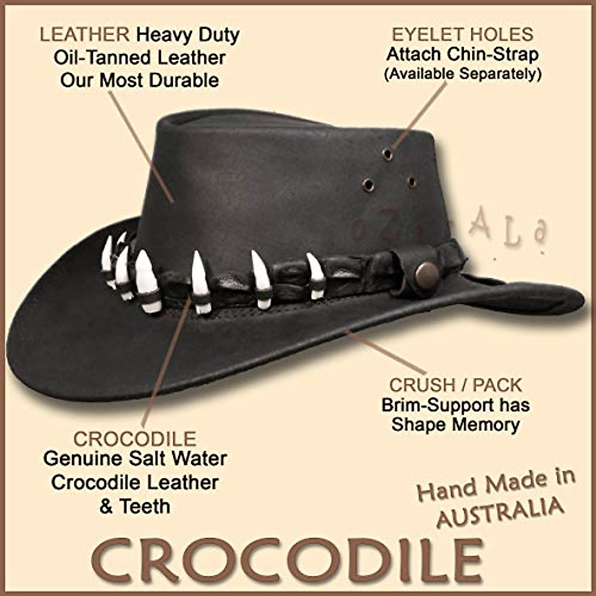 Oztrala】Leather Hat Crocodile Band Australian Outback Dundee Aussie Mens Womens Jacaru Black Brown Cowboy HLC1 US (Black, ML)