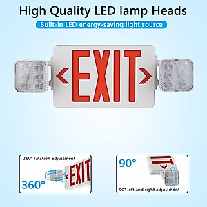 LED Exit Signs with Emergency Lights, Red LED Two Adjustable Head Emergency Exit Light with Backup Battery, AC 120V/277V, ABS Fire Resistant, UL Listed (1Pack)