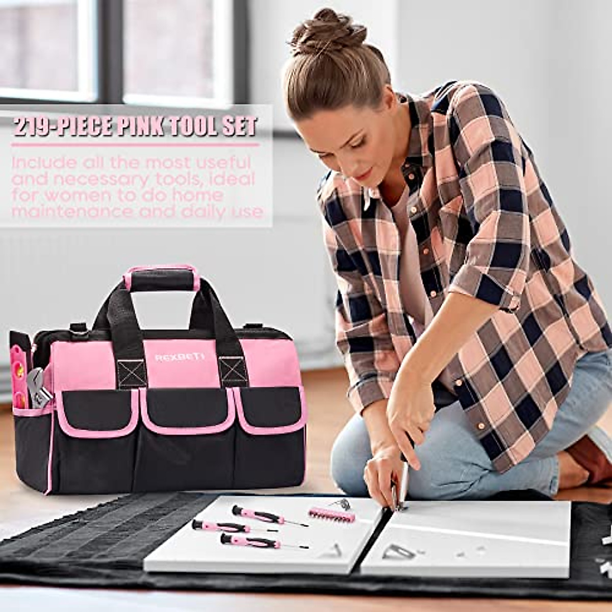 REXBETI 219-Piece Pink Tool Set, Ladies Hand Tool Set with 16 inch Tool Bag, Women Home Repairing Tool Kit, Large Mouth Opening Tool Bag with 19 Pockets, Perfect for Home Maintenance and Daily Use