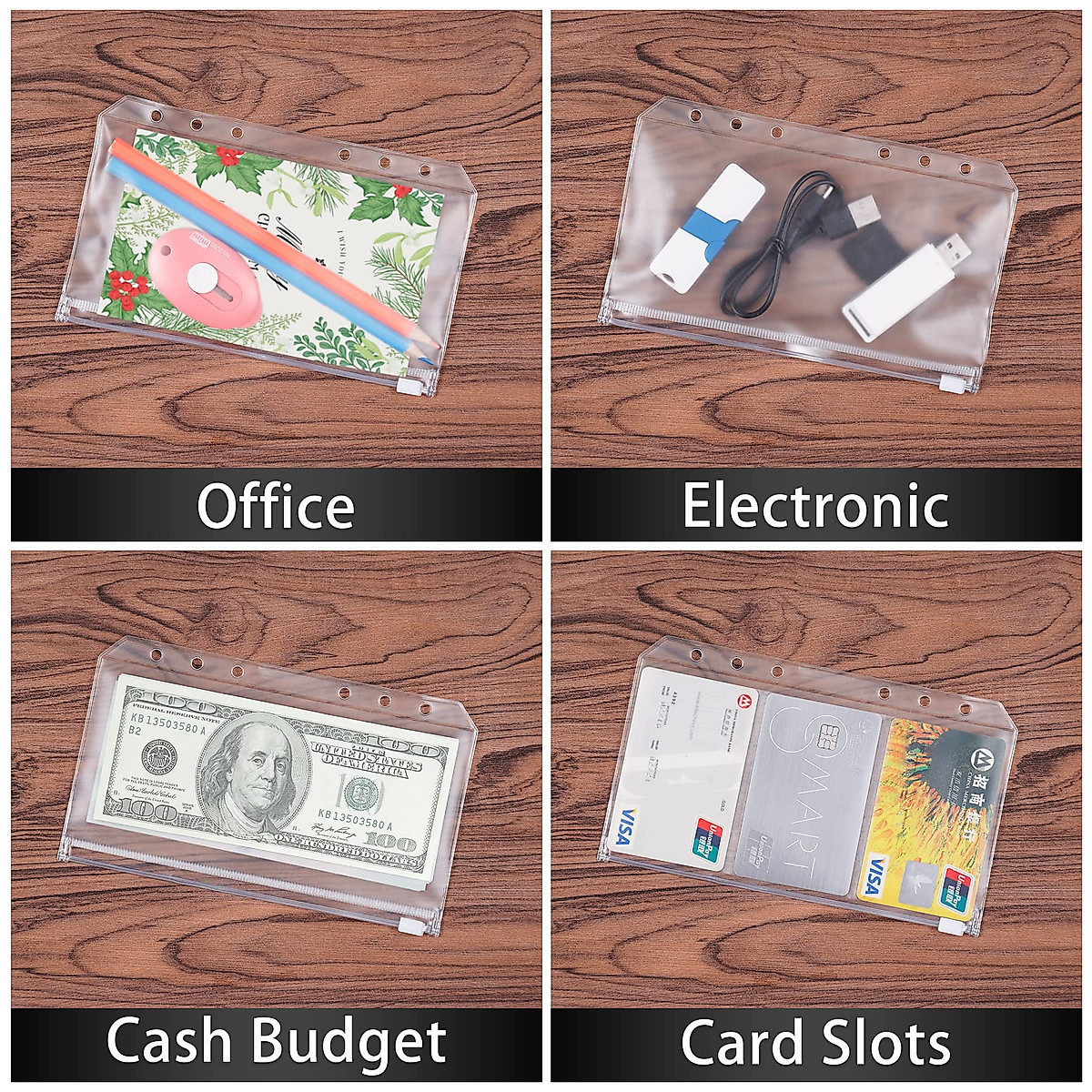 HAUTOCO 15PCS A6 6-Holes Binder Pockets Clear PVC Binder Envelopes Zipper Binder Pouches for A6 Notebook Binder, Waterproof Cash Budget Envelopes