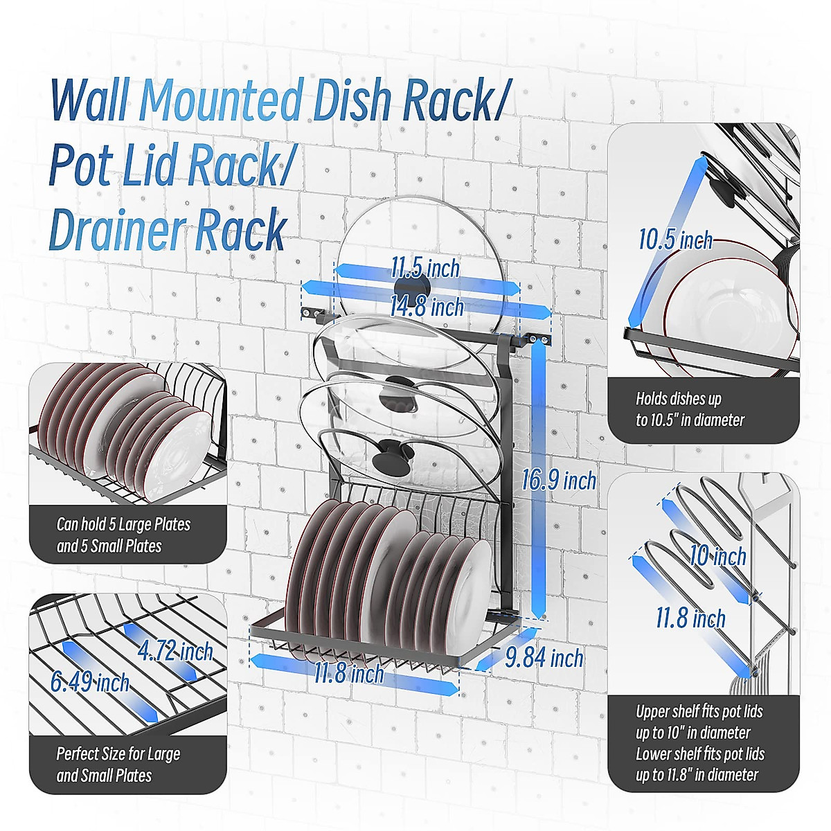 KOSTBAR Hanging Pot Rack, Wall Mounted Pan Rack, Cookware Organizer with 10 Hooks, Small Kitchen Storage Shelf for Utensils. Dish Rack With Lid Holder, Modular Design Shelves