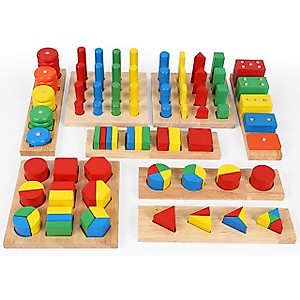 TOWO Wooden Geometric Shapes Stacking Rings and Fractions Boards 8 in 1 Set Puzzles- Shape Sorter Sorting Toy Stacking Game – Montessori Materials Educational Learning Toys for 3 4 5 6 Years