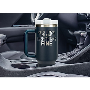 Elanze Designs It's Fine I'm Fine Everything's Fine 40 oz. Stainless Steel, Large Water Bottle Coffee Mug, Spill & Leak Resistant, Thermal Travel Tumbler with Handle, Lid & Straw, Navy Blue