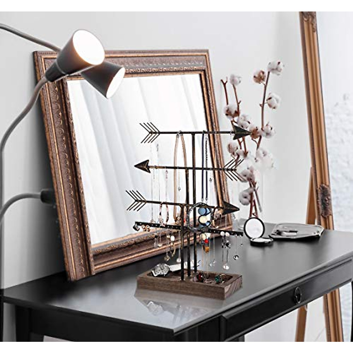 Urban Deco Arrow Jewelry Organizer Stand 4-Tier Black Jewelry Stand Necklace Organizer With Wooden Ring Holder For Jewelry Display Bracelet Holder Stand Earring Organizer For Girls - Black