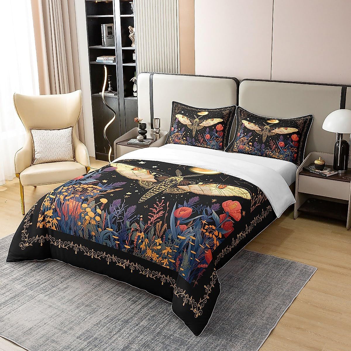 Feelyou Boho Golden Butterfly Duvet Cover 100% Cotton Bohemian Moth Bedding Set for Moon Galaxy On Black Comforter Cover Flower Weed Botanical Bedroom Collection 3Pcs King(No Comforter)