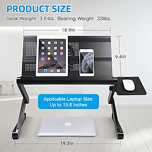 Upgraded Aluminum Laptop Stand Adjustable with Cooling Fan and Mouse Pad, Reinforced Ergonomic Lap Desk Foldable Portable Computer Table for Bed Sofa Couch Office (Extra Wide Tray: 19", Black)
