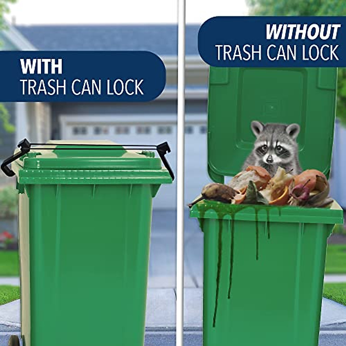 [3 Pack] Trash Can Locks for Animals - Trash Can Lid Lock for Wildlife & Raccoon Proof Garbage Cans - Keeps Outdoor Bins Secure - Fits Circular & Hinged Lids - 6 Trash Can Clips & 6 Heavy Duty Bands