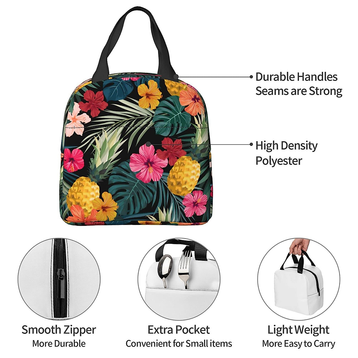 Fiokroo Lunch Bag Insulated Palm Leaves Hibiscus Flowers Lunch Box Tropical Pineapples Fruit Reusable Lunch Tote Bag For School Work College Outdoor Travel Picnic, 6l