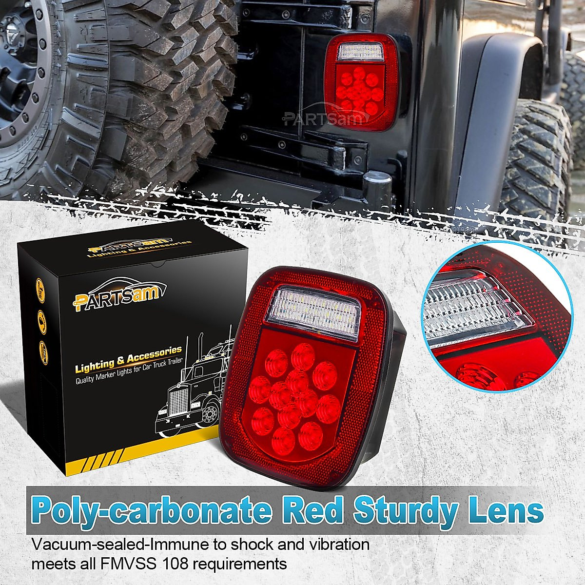 Partsam 2x Red/White 39 LED Stop Turn Tail Stud Lights Replacement for Jeep CJ YJ JK Truck Trailer Boat RV, Hardwired