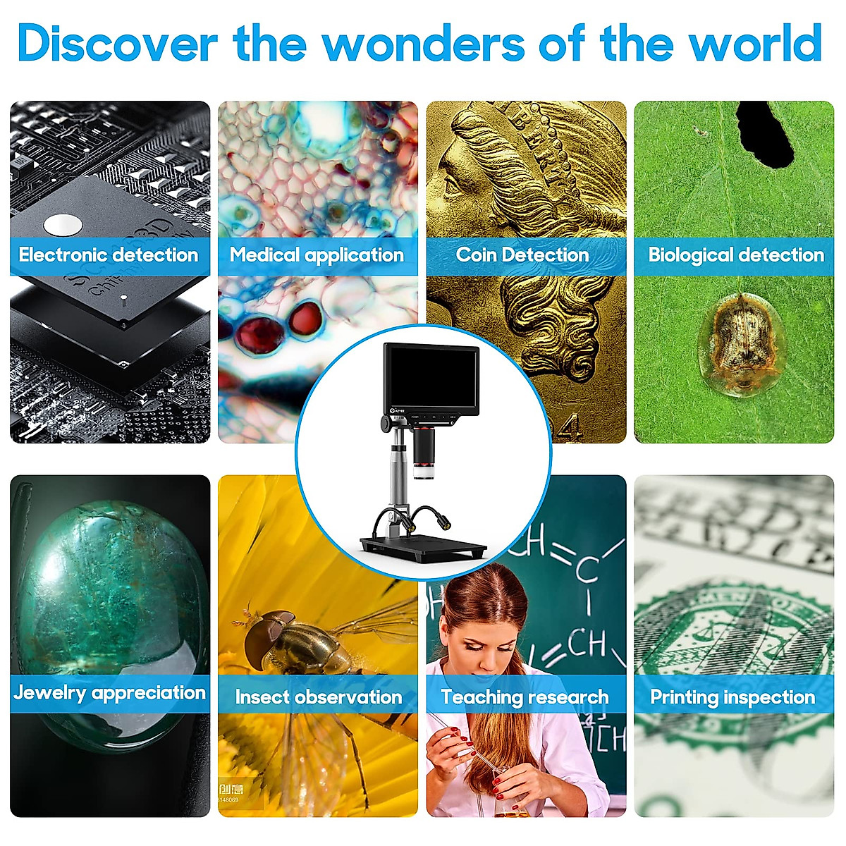 KZYEE 7 inch Digital Microscope Shows Entire Coin, Extension Tube, IPS Screen, 1080P Coin Magnifier with 8 LED Lights, 1200x Soldering Microscope Portable for Adult Kids, IR Remote, Specimens