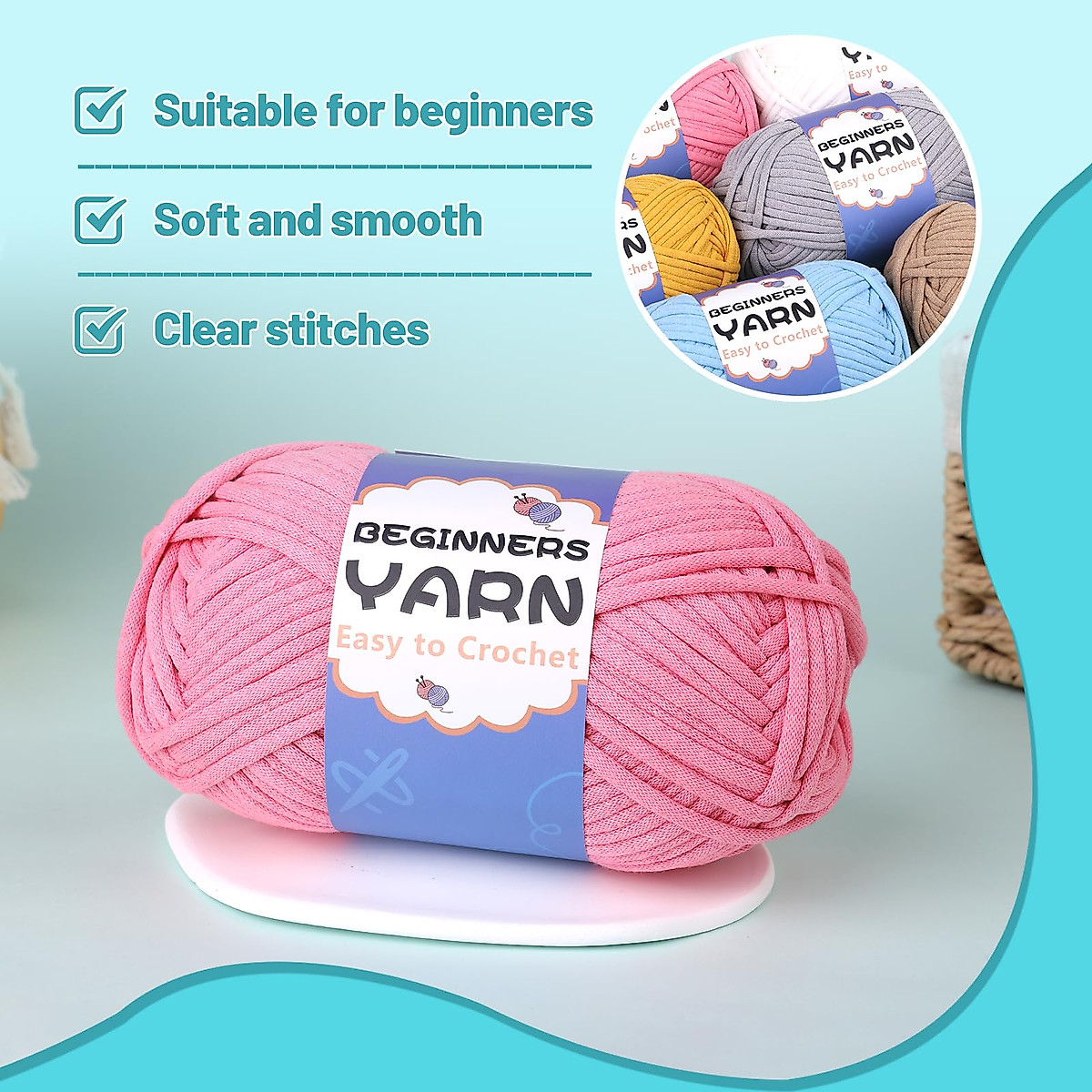 200g/7Oz Yarn for Crocheting, Crochets Yarn, Easy Yarns for Beginners with Easy-to-See Stitches, Stitch Marker, Big Eye Blunt Needle, Beginner Yarns for Crocheting (Pink)