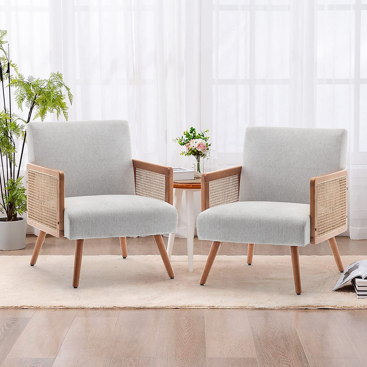 SHINEBOOM Accent Chair with Rattan Arms, Upholstered Mid Century Modern Chair for Bedroom Living Room Reading Chairs Rattan Armchair, Linen Comfy Lounge Chairs Side Chair, Beige