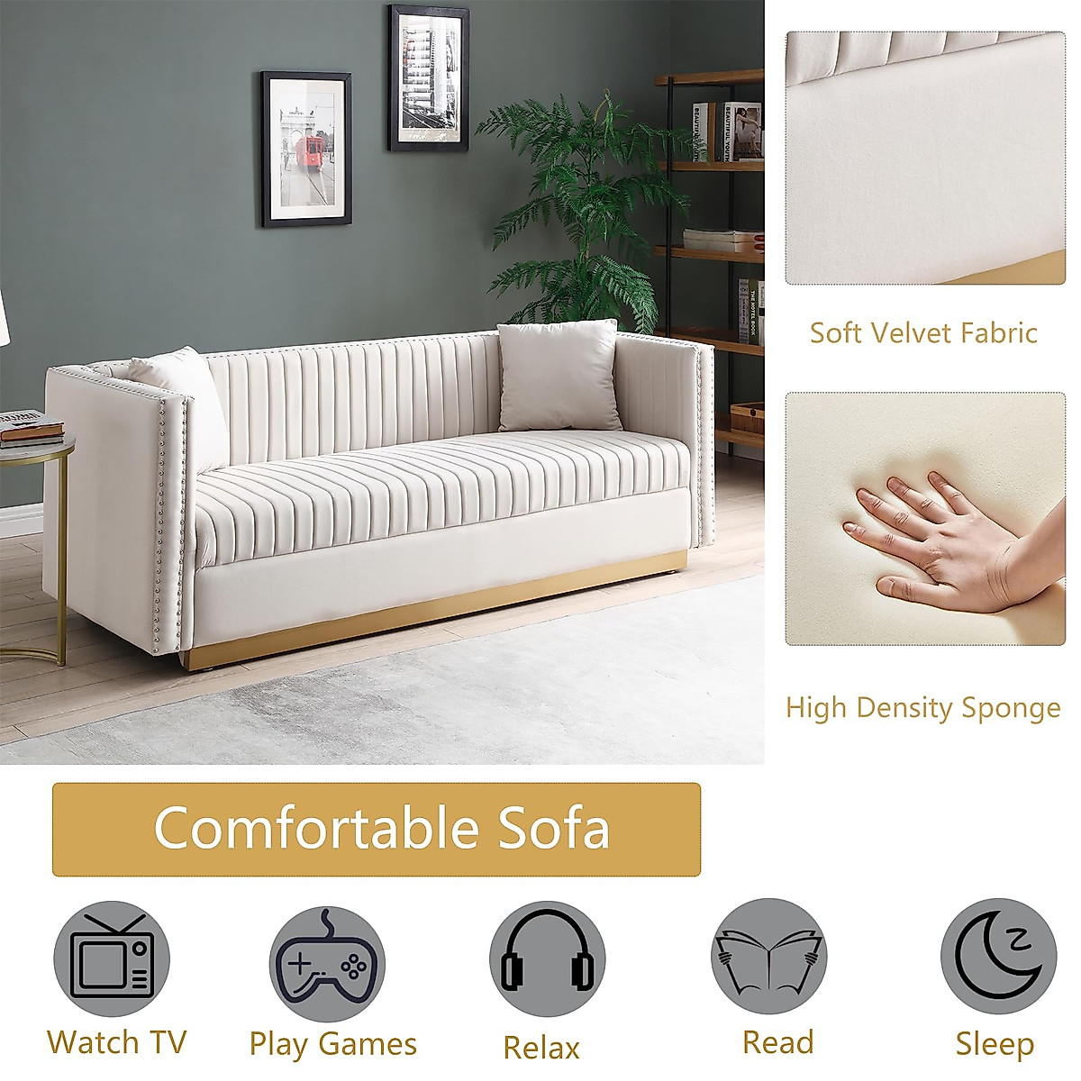 Homtique Velvet Couch, Modern Vertical Channel Tufted Comfy Sofa Couch with Nailhead Trim Square Arms and 2 Pillows, 3 Seater Couchs for Living Room, Apartment(Beige)