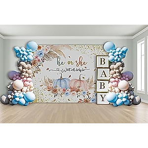 Mocsicka Pumpkin Gender Reveal Backdrop Autumn Fall Pumpkin Baby Shower Party Decorations Boy or Girl Thanksgiving Pumpkin Gender Reveal Party Cake Table Banner (Blue/Pink, 7x5ft(82''x60''))