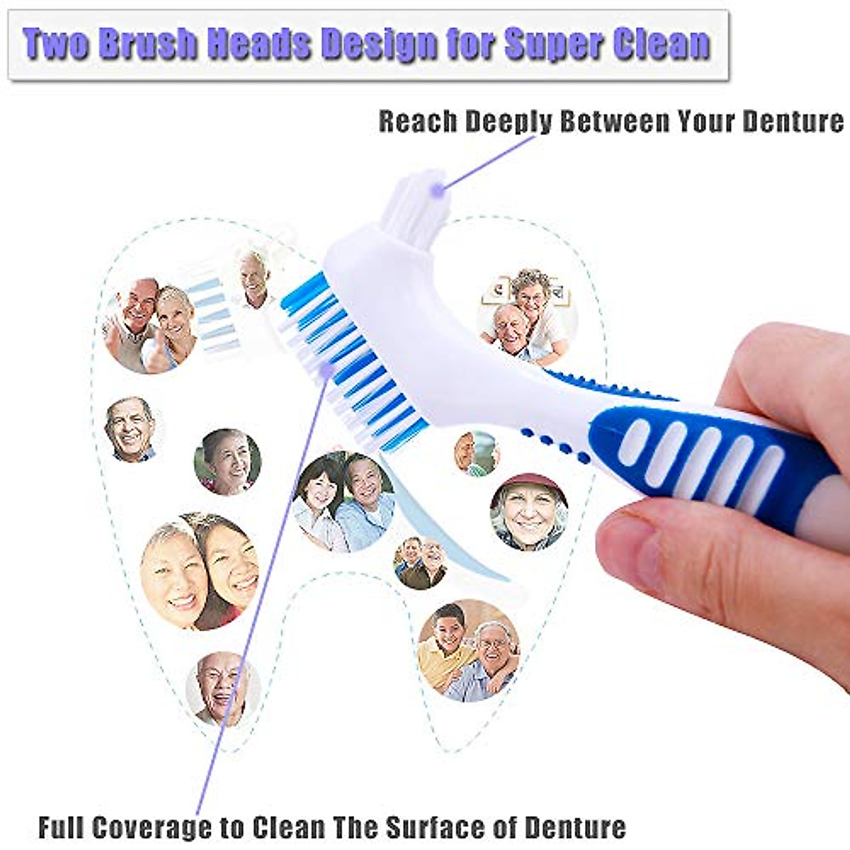 PICEROSE 4Pcs Denture Brushes with Carrying Case, Hard Double Sided Denture Cleaning Brush Heads for False Teeth Cleaning