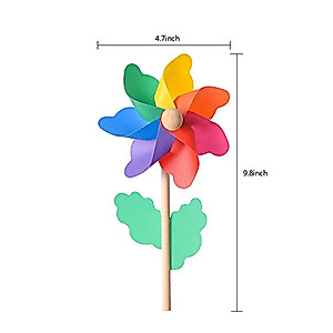 Jucoan 20 Pack Rainbow Pinwheels, 9.8 Inch Plastic Colorful Windmills with Wood Sticks, Pre-Assembled Party Favor Wind Spinners for Garden, Yard Decoration.