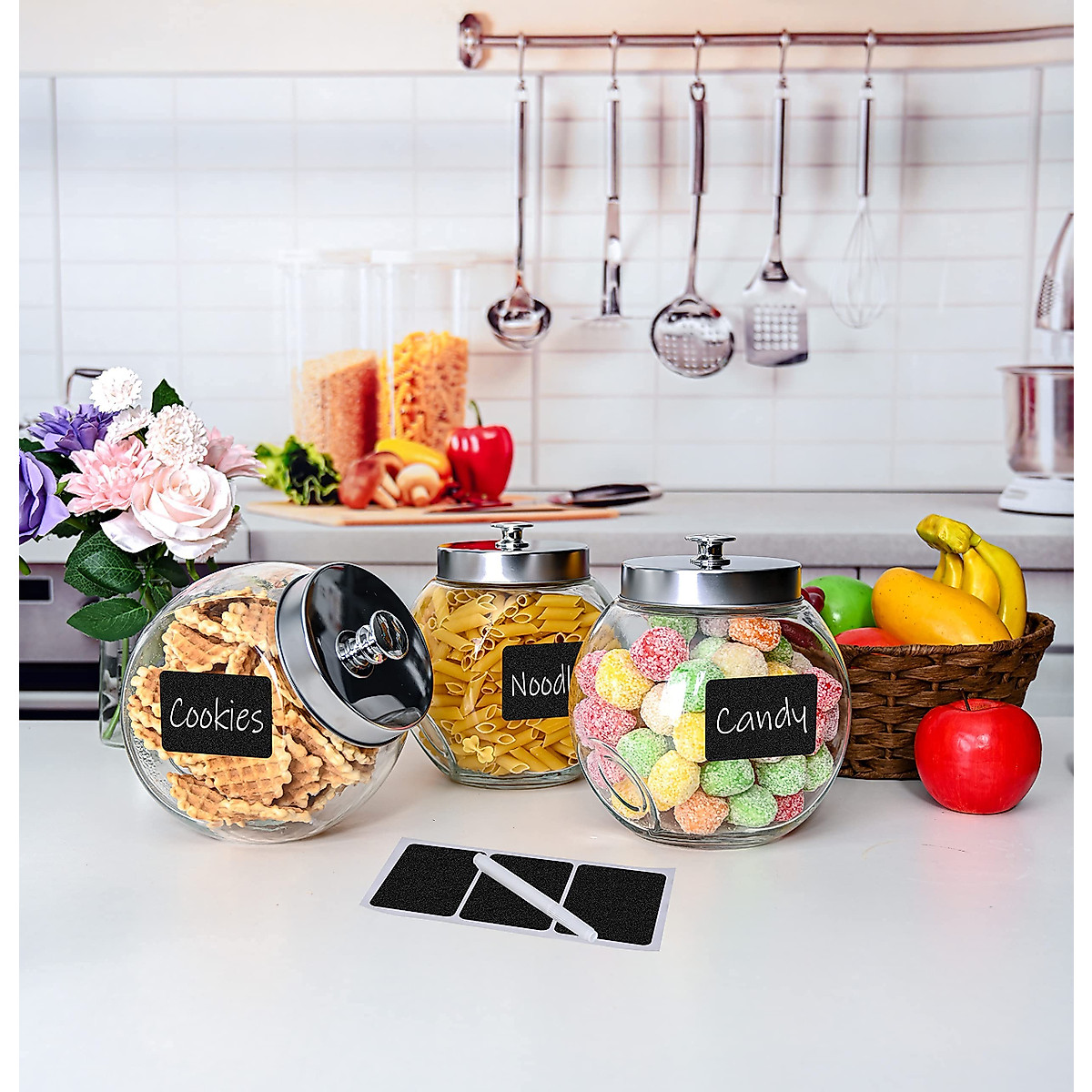 Glass Cookie Jars for Kitchen Counter (3 Pack) 75oz Food Storage Canisters with Airtight Lids + Marker & Labels, Coin & Penny Jar Candy Jars for Candy Buffet, Coffee Canister, Laundry Detergent Holder