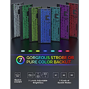 Wireless Keyboard and Mouse with 15 Backlit Effects, Rechargeable Keyboard Mouse Combo with Phone Holder, 2.4G Lag-Free, Silent Light Up Keyboard & Mouse Set for Windows, Mac, PC, Laptop -by SABLUTE