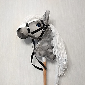 Gray stick hobby horse A4 Realistic plush handmade toy horse with bridle