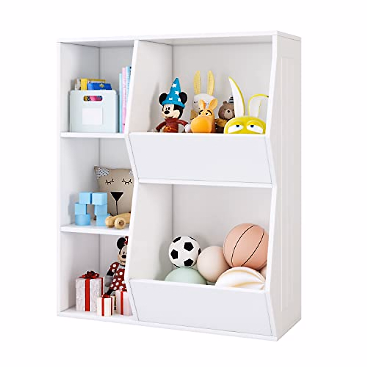 HORSTORS Toy Storage Organizers, Kids Bookcase and Bookshelf, Open Muti-Bins Toy Storage Display Cabinet for Girls & Boys Bedroom, Playroom, Nursery, Classroom, White