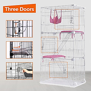 BIQWBIC 3-Tier 67 Inch Large Cat Cage, White, Collapsible, Hammock, 3 Cat Beds, 2 Ramp Ladders, Easy Litter Cleaning, Quick Installation
