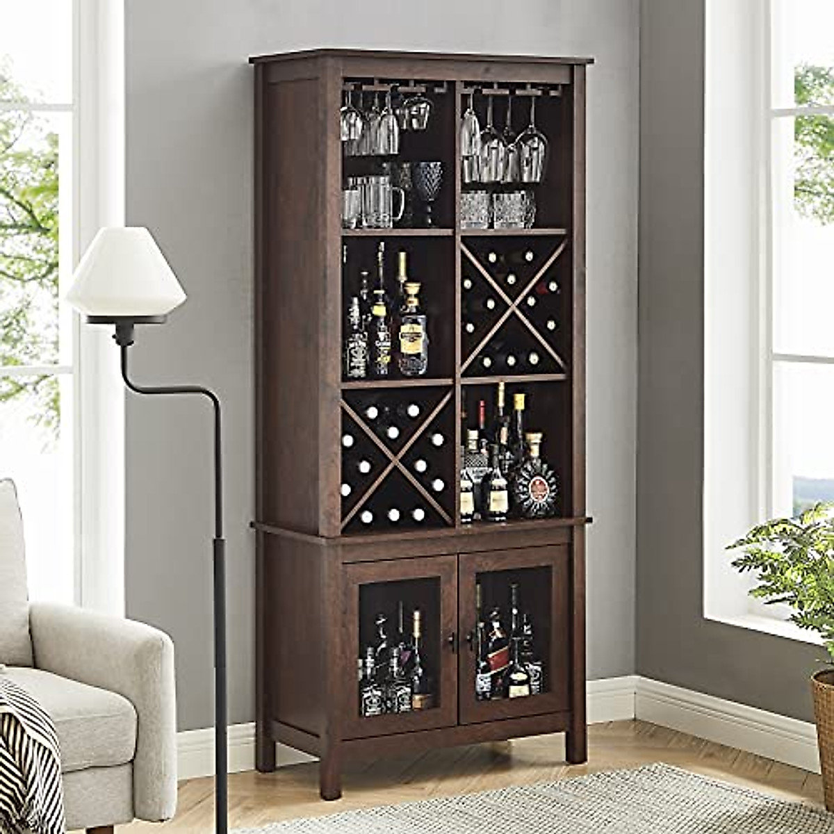 Home Source 72" Wood Exquisite Bar Wine Cabinet with Storage,Liquor Cabinet with Removable Wine Racks,Bookcase,Kitchen Pantry Storage Cabinet for Kitchen,Dining Room, Living Room,Mahogany